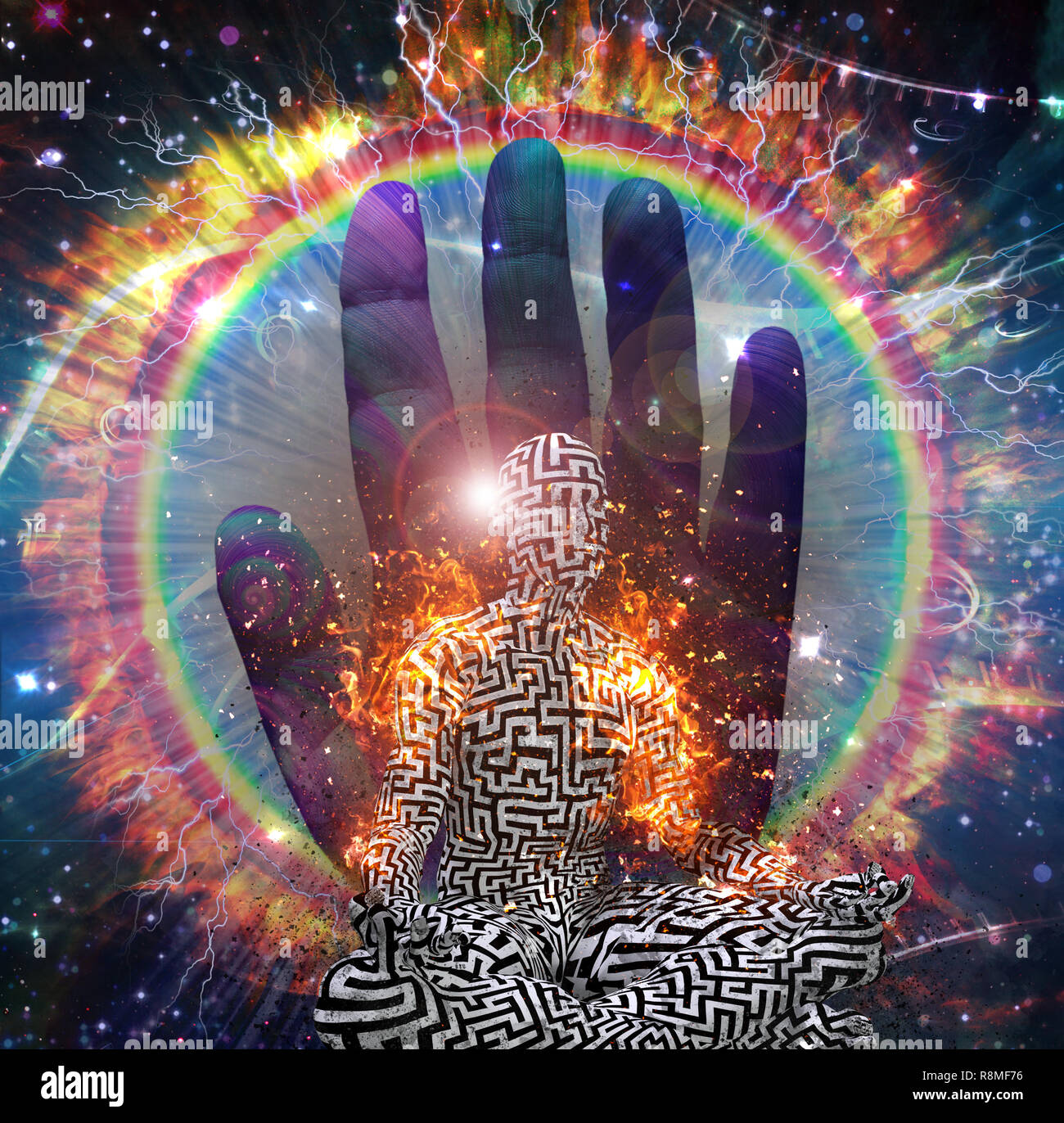 Galaxy and fire ring. Man with maze pattern in lotus pose. Burning aura ...
