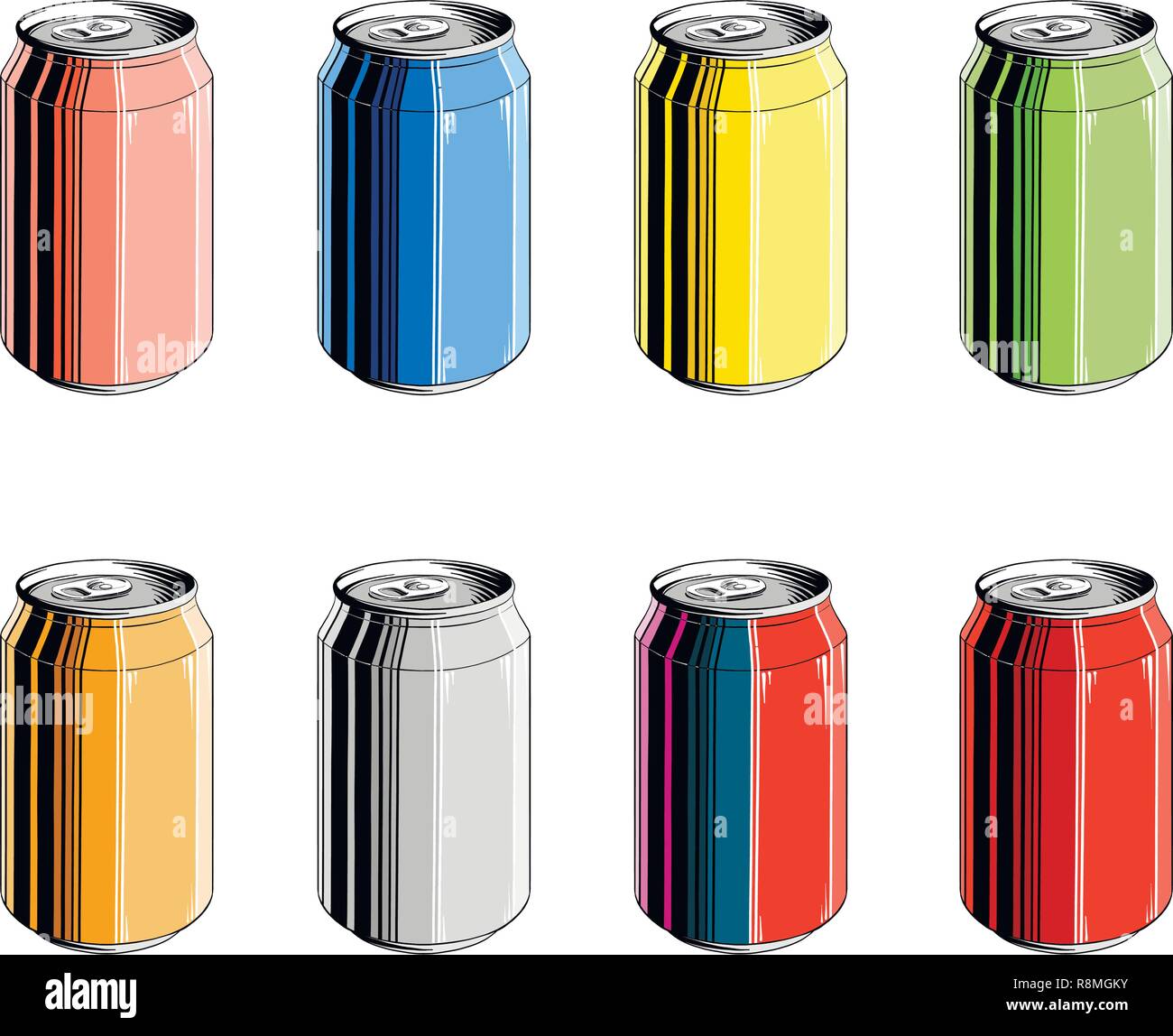 Set of aluminum can in color, isolated on white background. Detailed ...