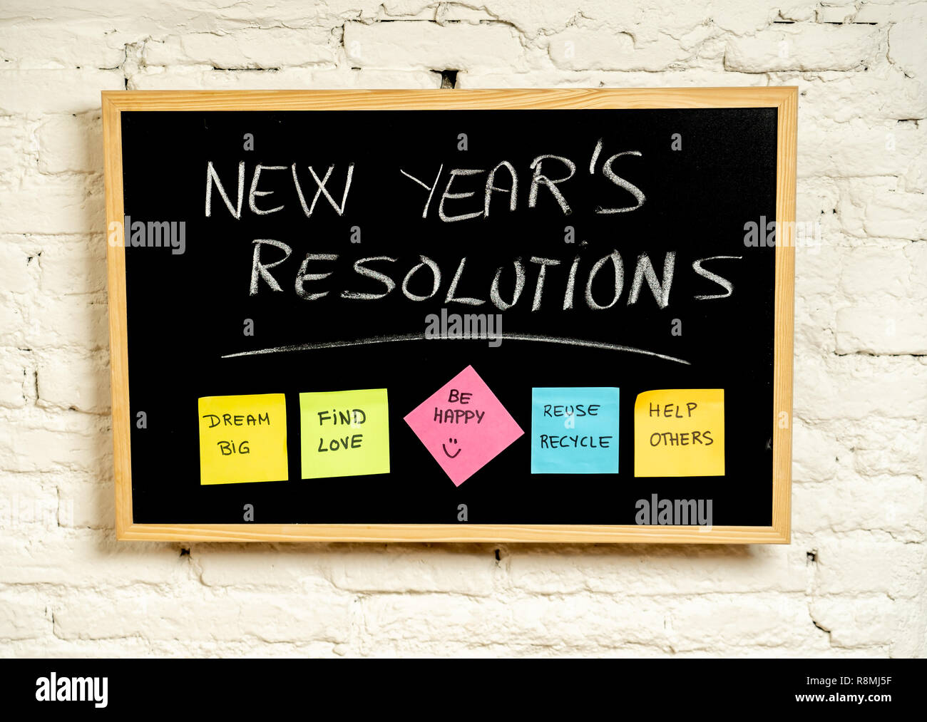 New Year's resolution written on blackboard with colorful notes of ...