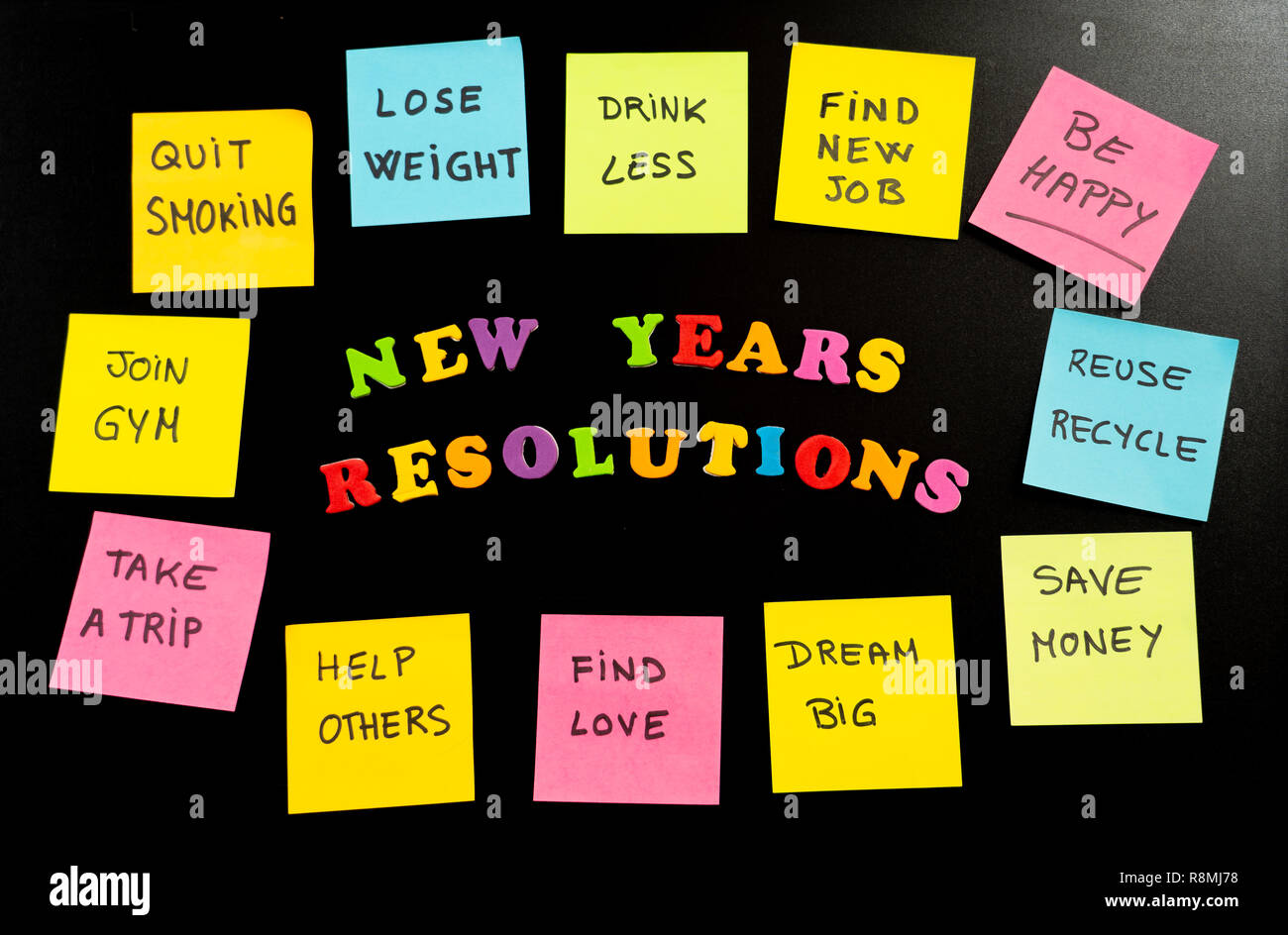 Multicolor New Year's resolution written on blackboard with colorful ...