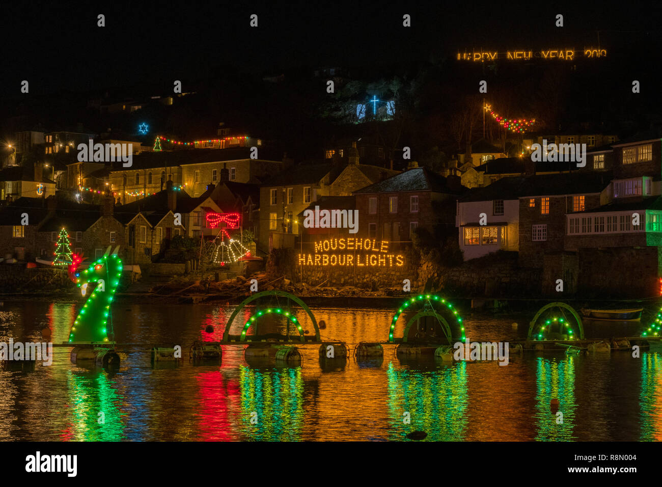 Mousehole Harbour lights at night lit up for the 2018 Christmas season ...