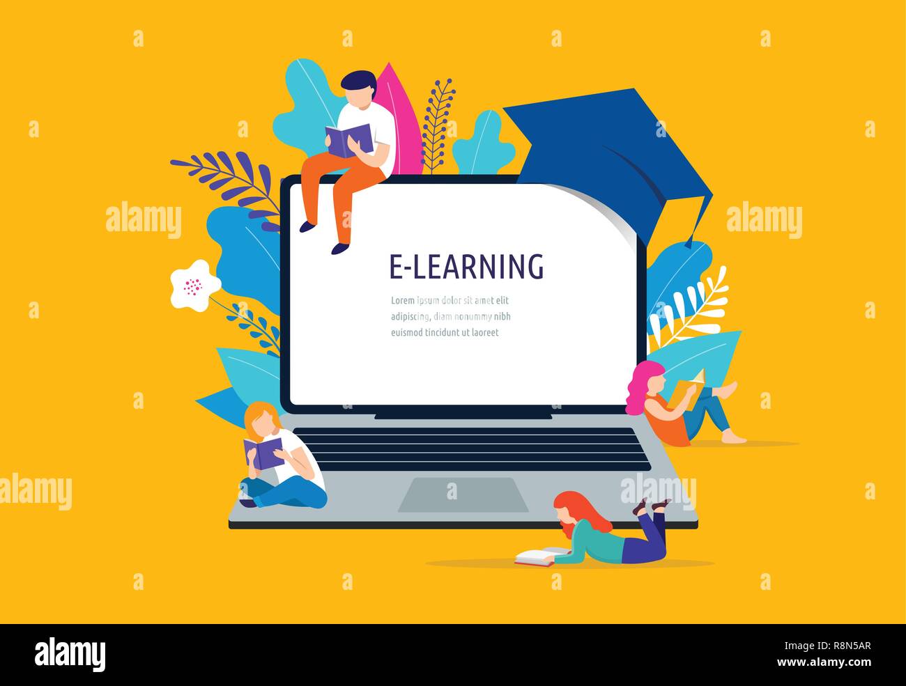 E-learning concept illustration. Big laptop with a square academic cap ...
