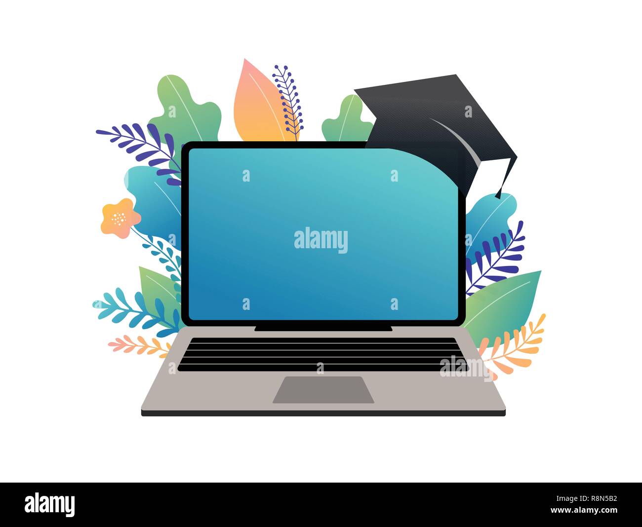 E-learning concept illustration. Big laptop with a square academic cap ...