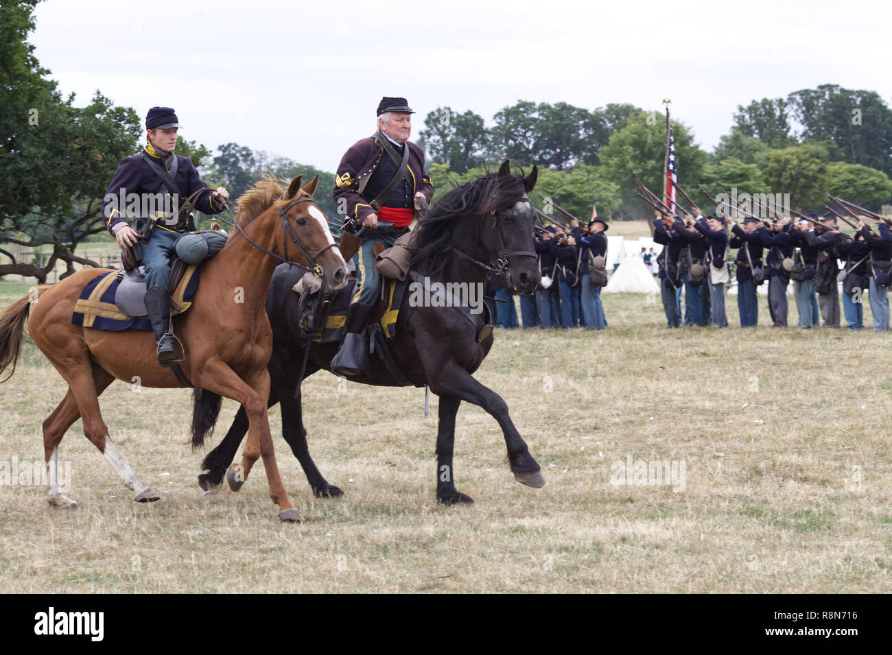 Union cavalry on the battlefield for the reenactment of the American ...