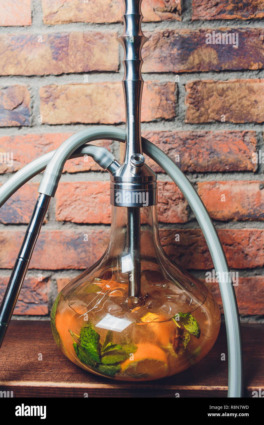 Shisha With Fruit Bowl With Colorful Smoke In Hookah Bar Closeup Stock ...