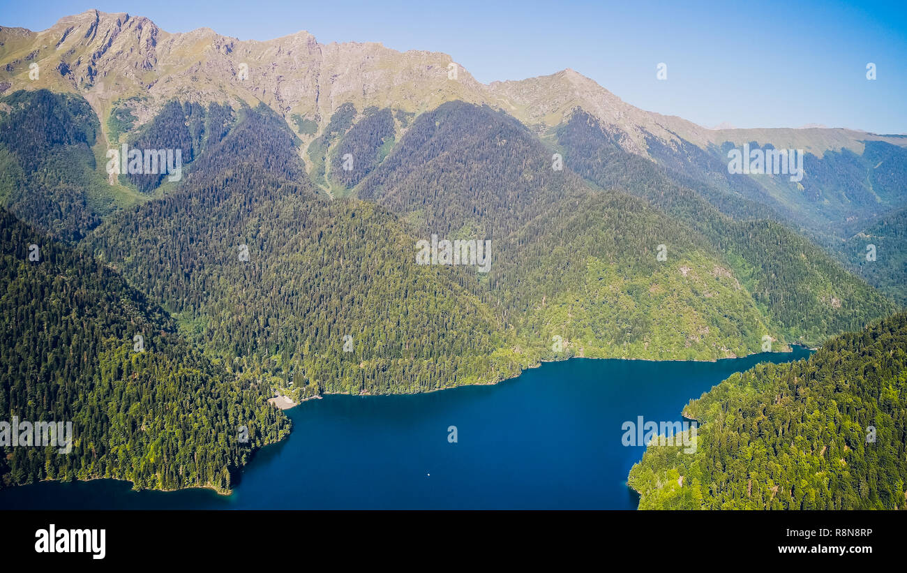 Amazing nature landscape view of lake Ritsa, Abkhazia Aerial view ...