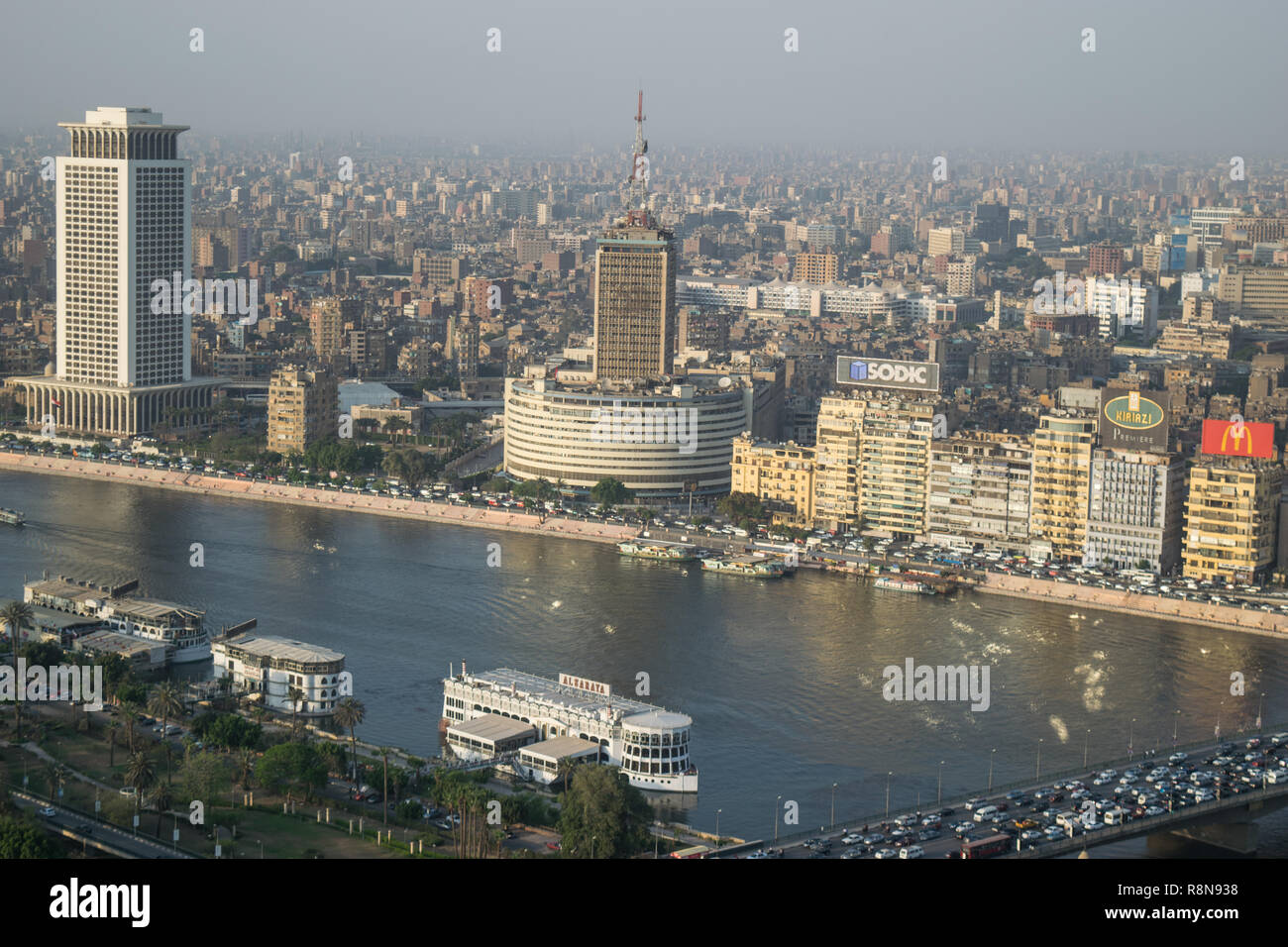 Sunset scene from the top of cairo tower in Egypt shows Egyptian TV and ...