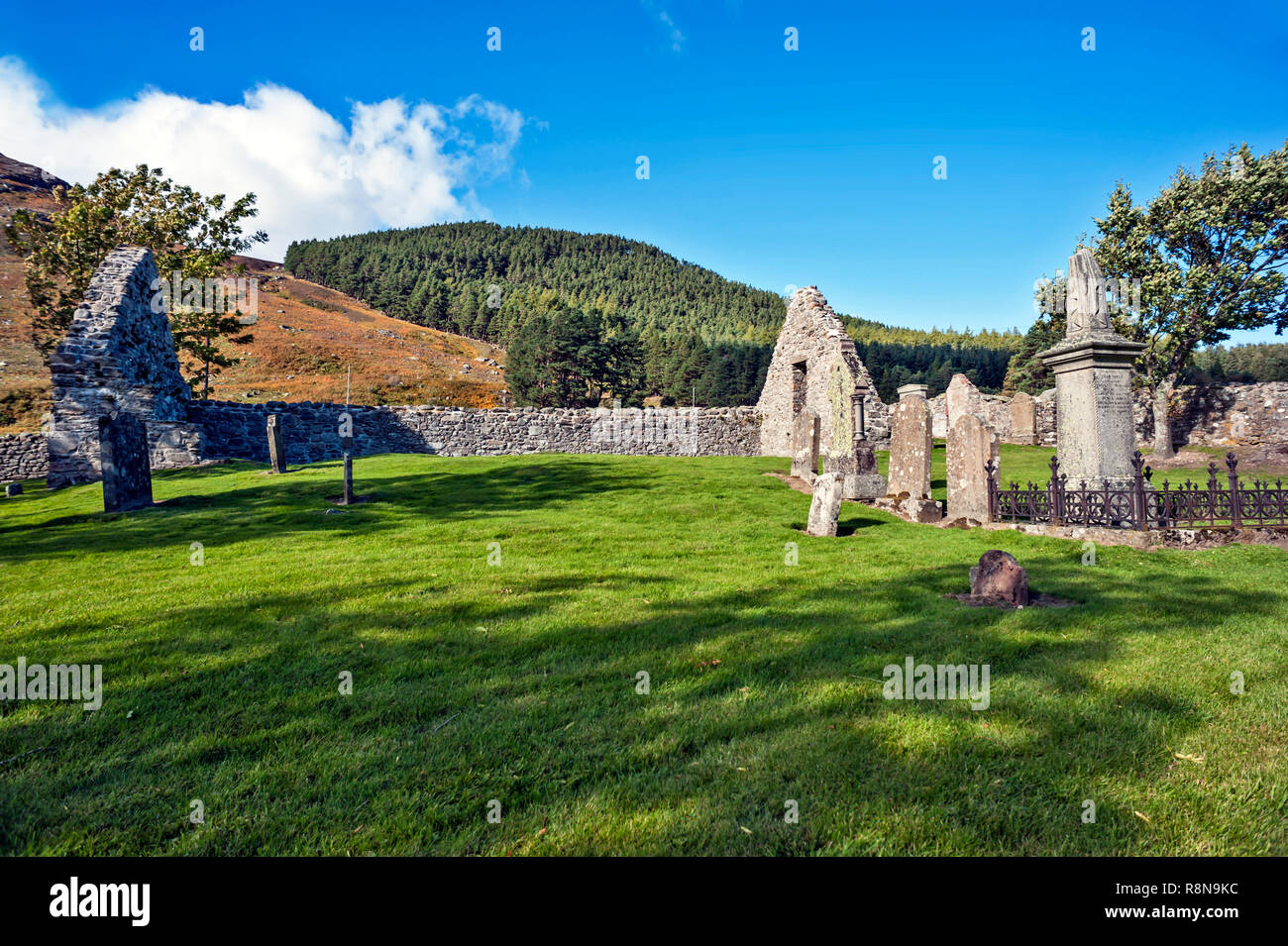 Loch Lee Burial Ground, Glen Esk, Angus, Scotland, UK set against blue ...