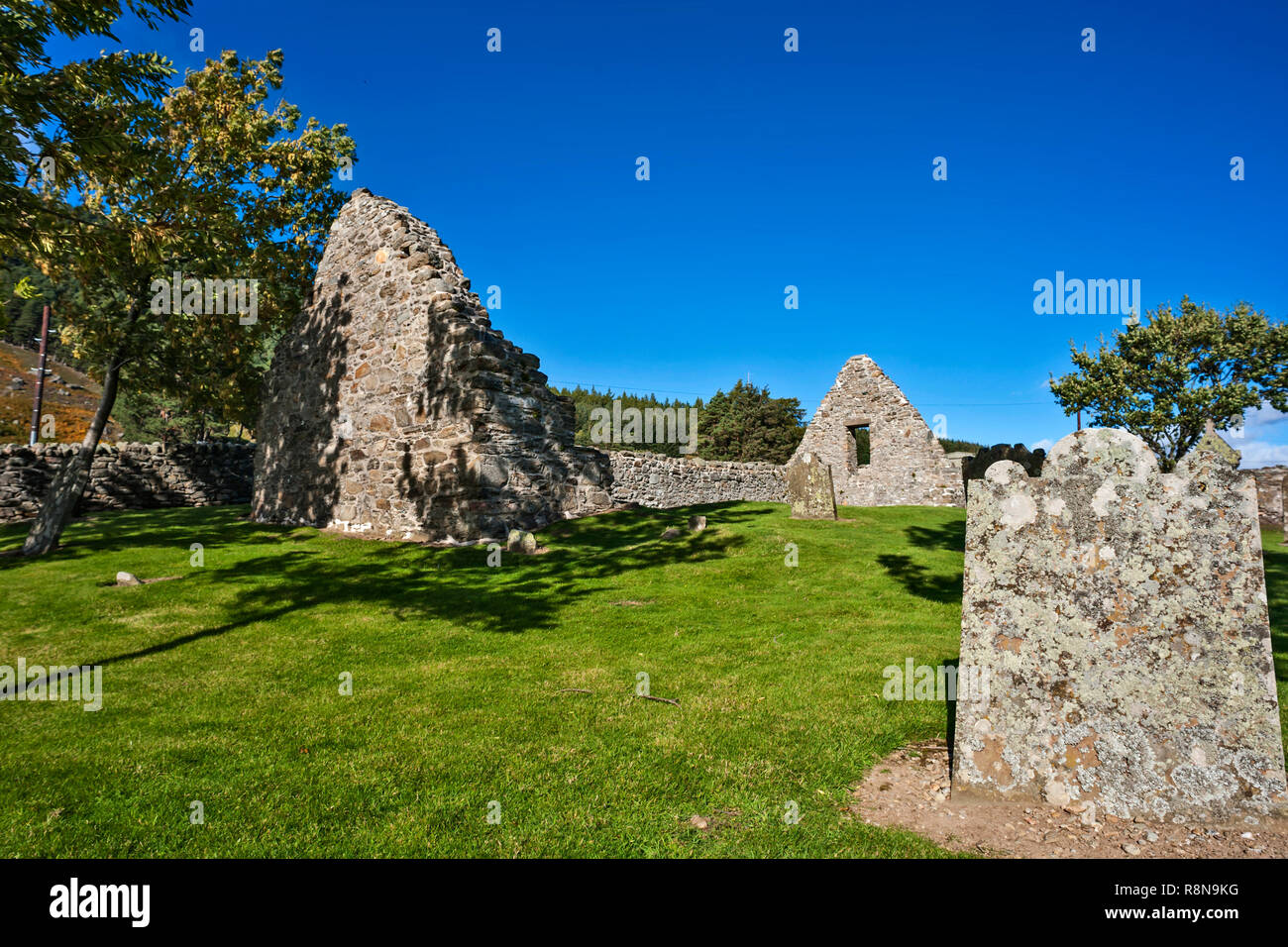 Loch Lee Burial Ground, Glen Esk, Angus, Scotland, UK set against blue ...