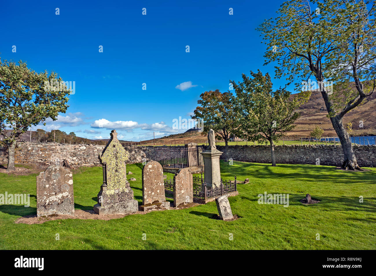 Loch Lee Burial Ground, Glen Esk, Angus, Scotland, UK set against blue ...