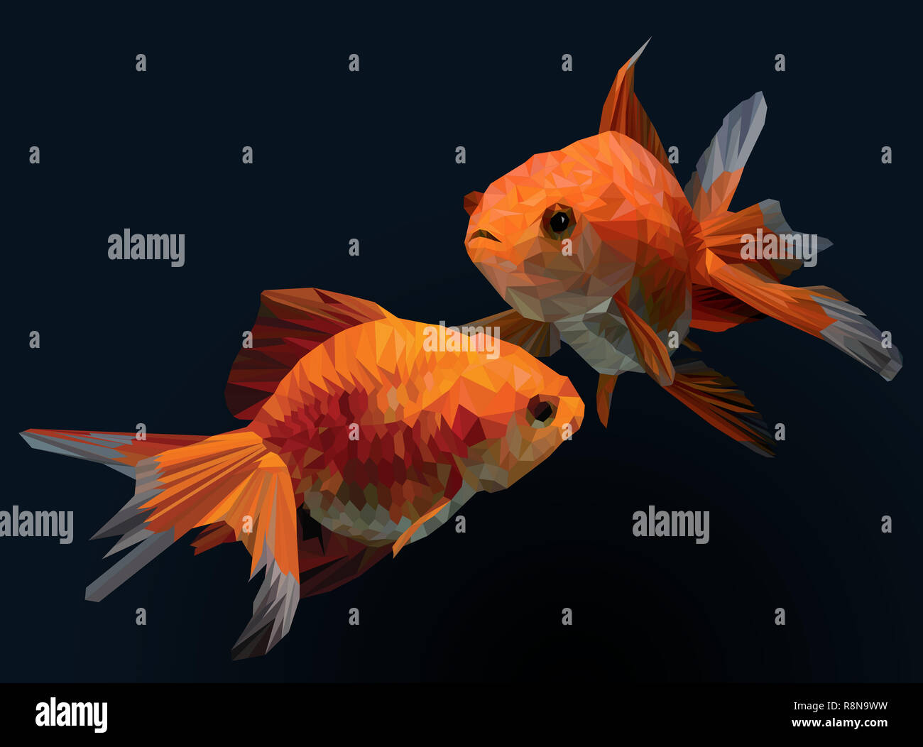 3D Illustration polygonal drawing of golden fish in black background ...