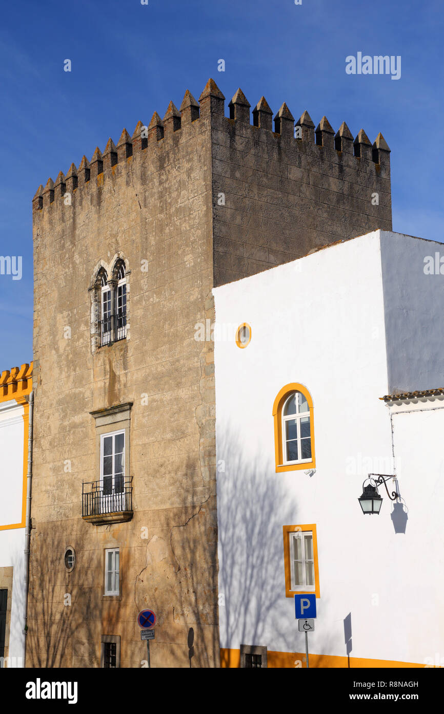 Portugal, Alentejo Region, Evora historic center. tower and facade ...