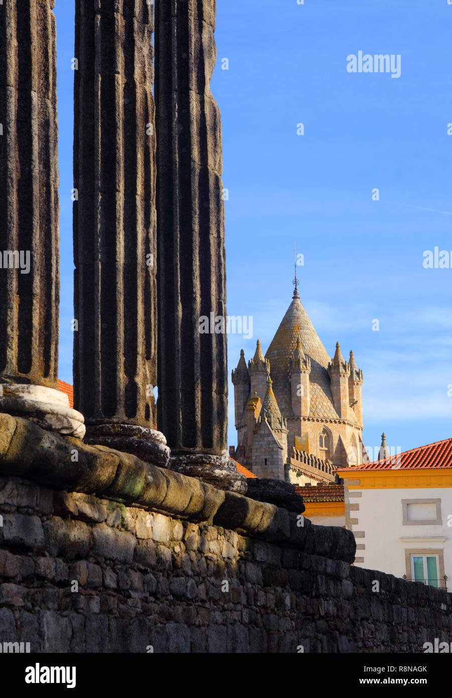 Portugal, Alentejo Region, Evora historic center. Granite stone columns ...