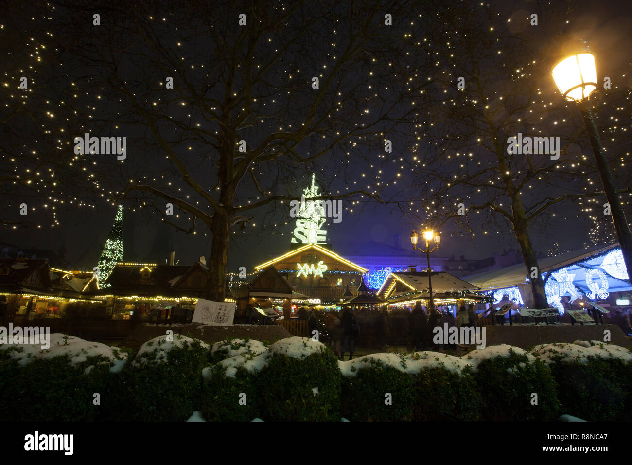 Snow at Xmas market Stock Photo - Alamy