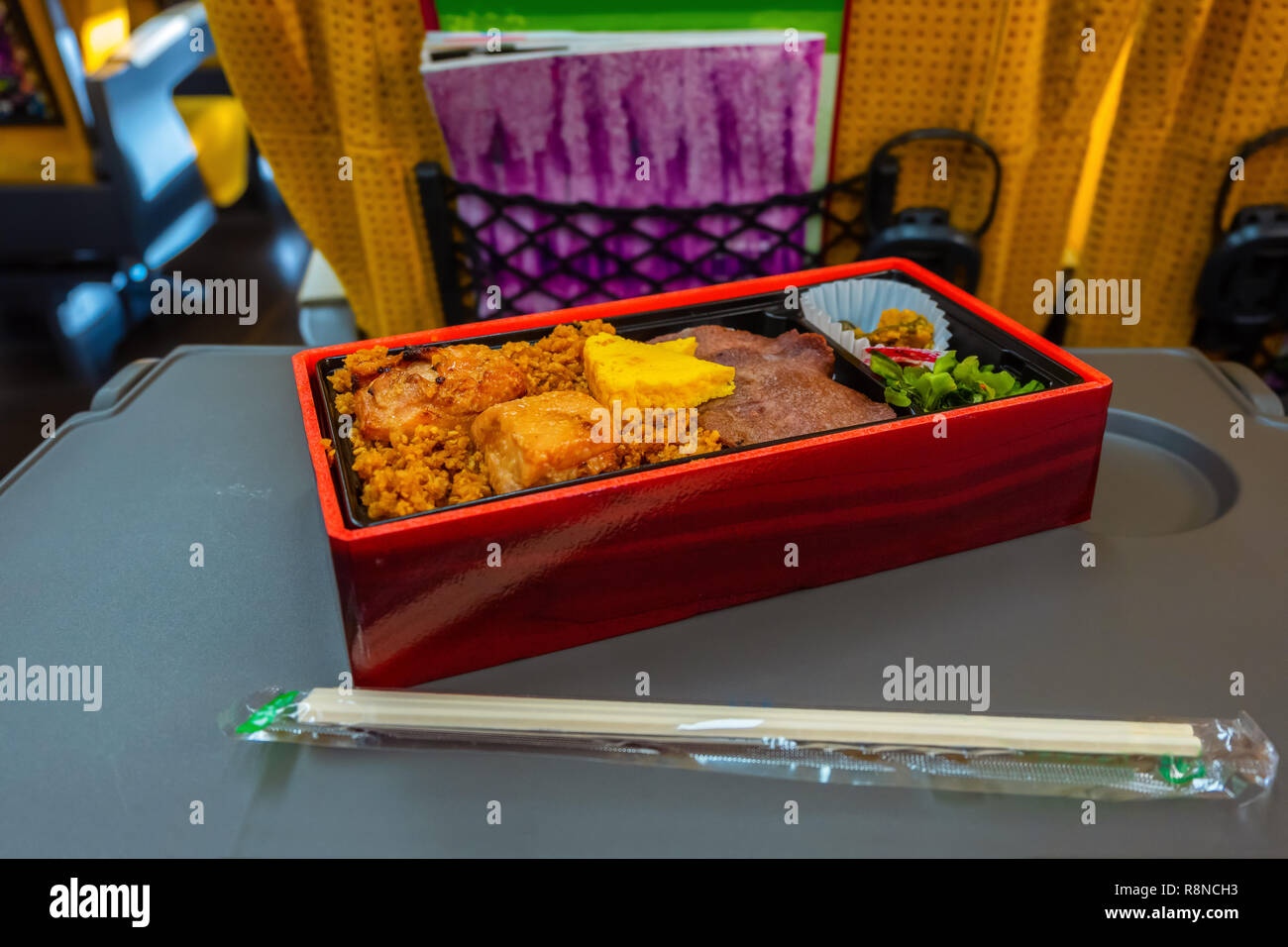Tokyo, Japan - April 22 2018: Japanese Eki Bento (meal) on a Shinkansen ...