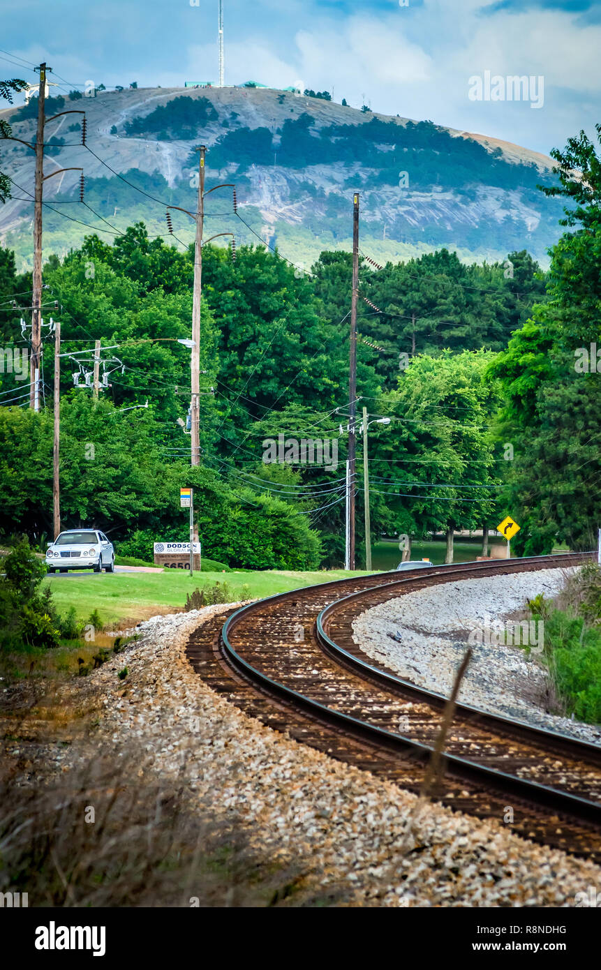 Stone Mountain is in view as railroad tracks round a curve in Stone ...