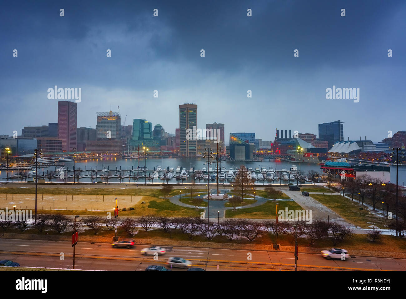 View on Baltimore skyline and Inner Harbor from Federal Hill at dusk ...