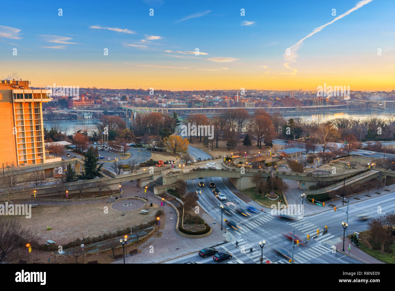 View on Key bridge and potomac river in Washington DC at winter morning ...