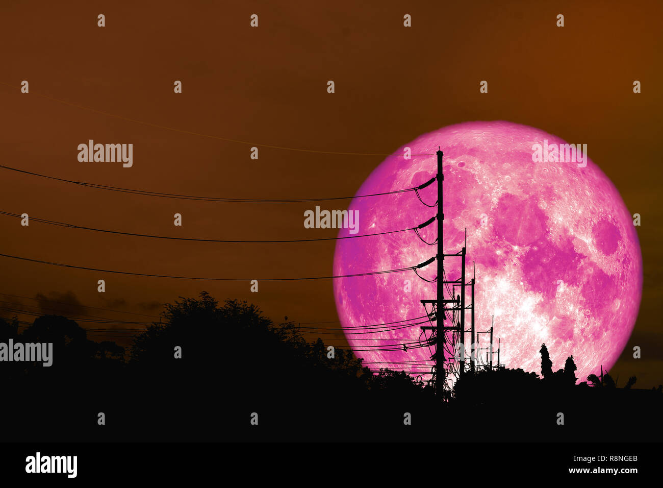 super pink moon floats in the sky above the shadow of an electric pole ...