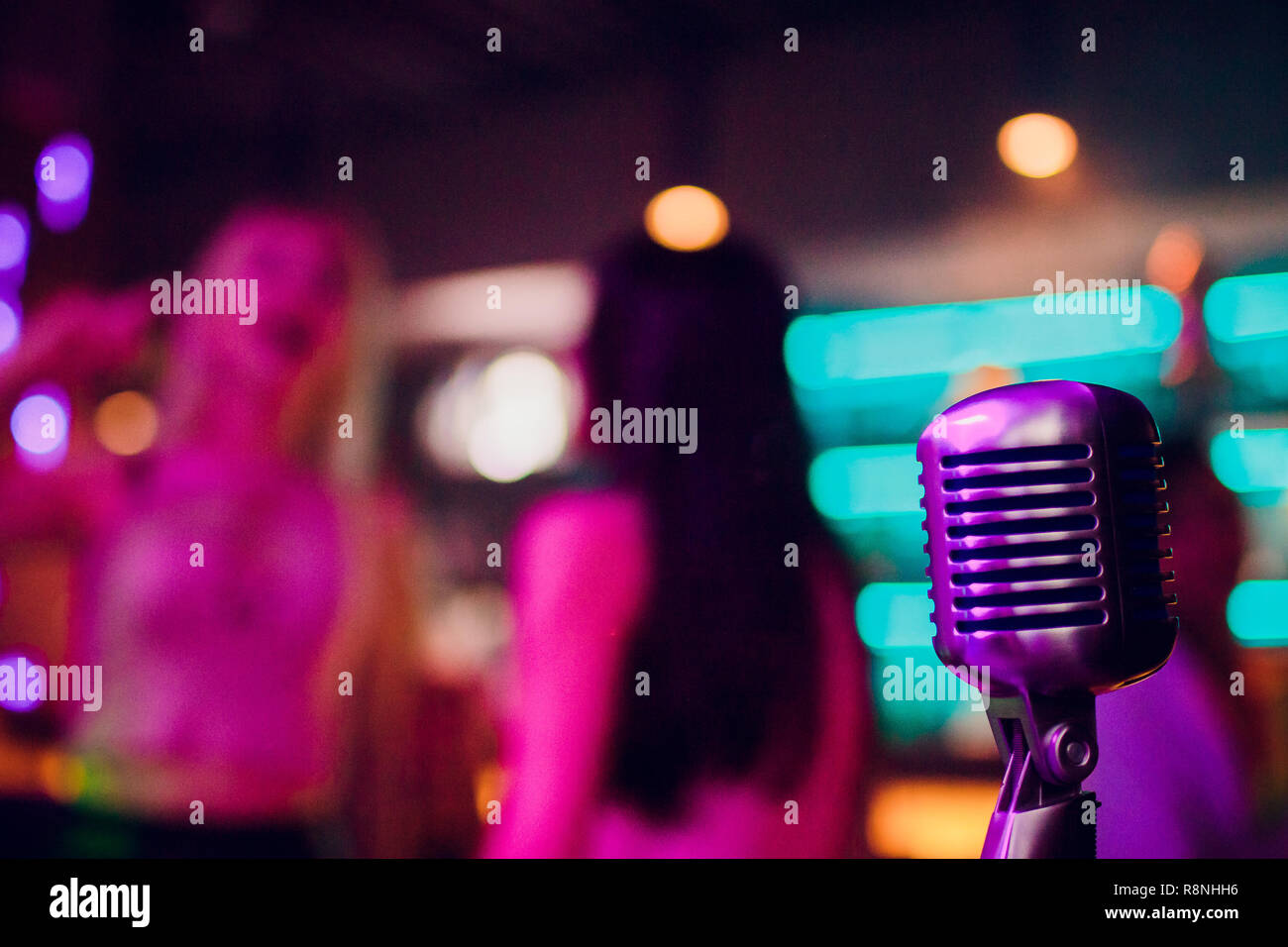 microphone on stand up comedy stage with reflectors ray, high contrast ...