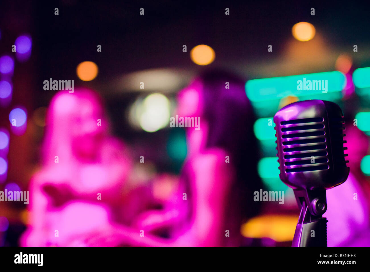 microphone on stand up comedy stage with reflectors ray, high contrast ...
