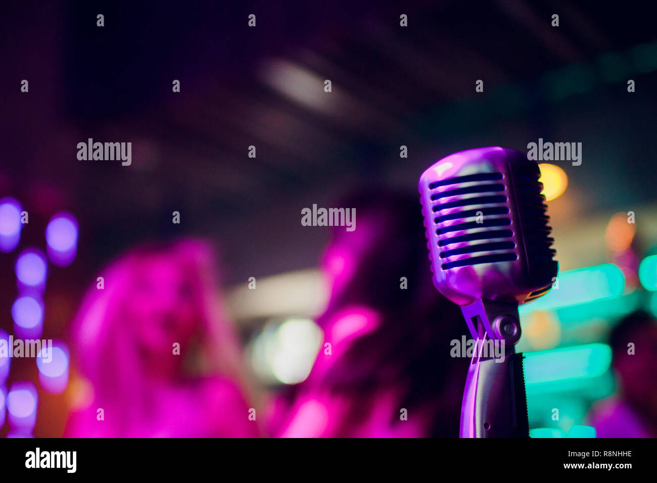 microphone on stand up comedy stage with reflectors ray, high contrast ...