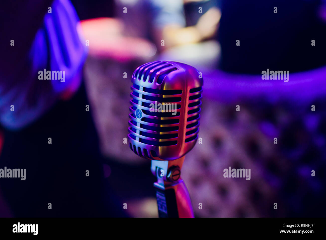 microphone on stand up comedy stage with reflectors ray, high contrast ...