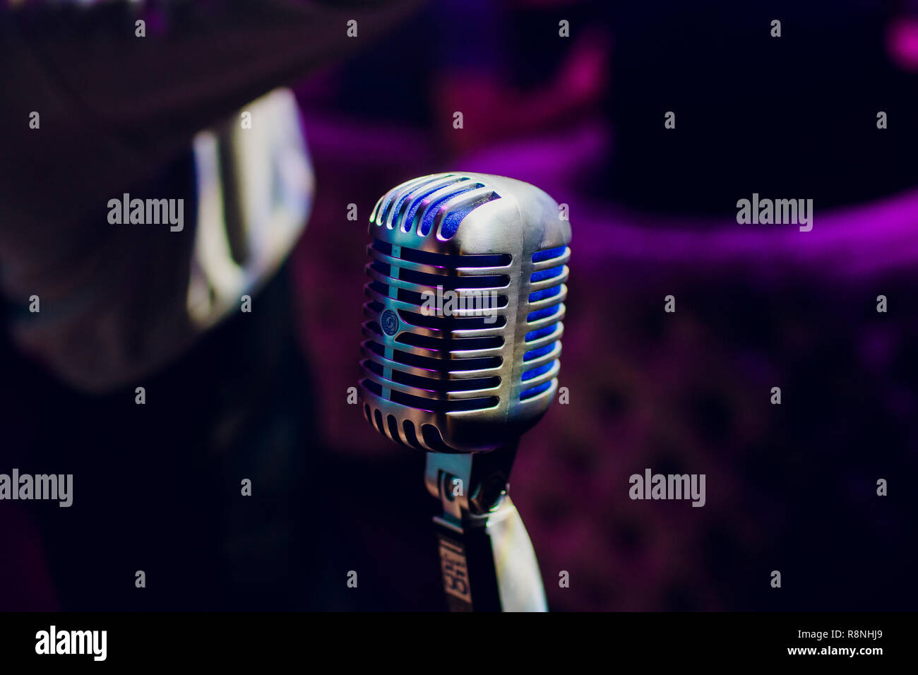 microphone on stand up comedy stage with reflectors ray, high contrast ...