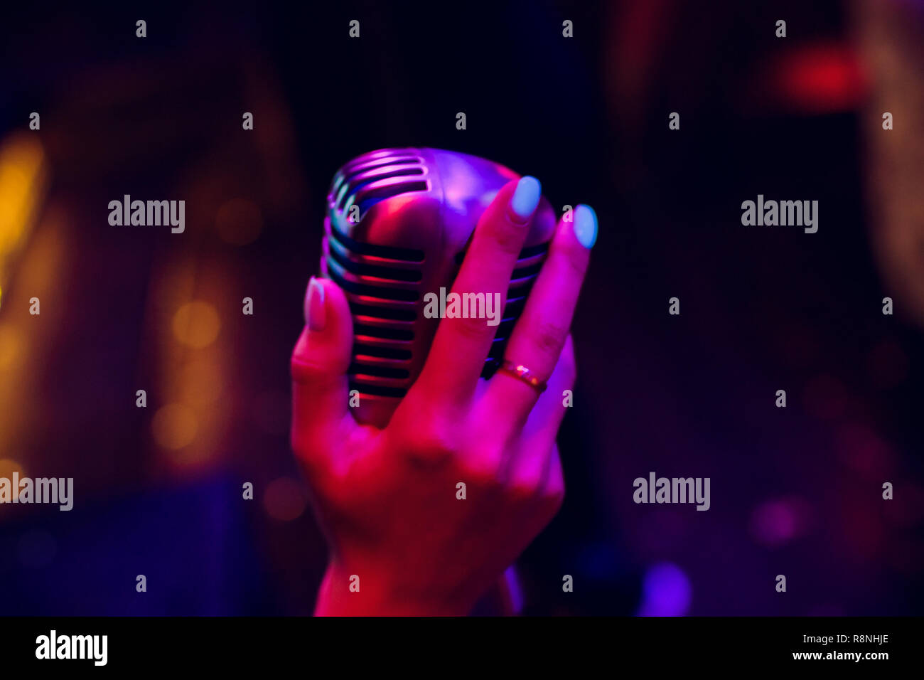 microphone on stand up comedy stage with reflectors ray, high contrast ...