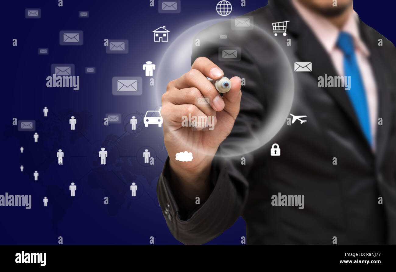 Businessman writing the mail with world map and people logo background ...