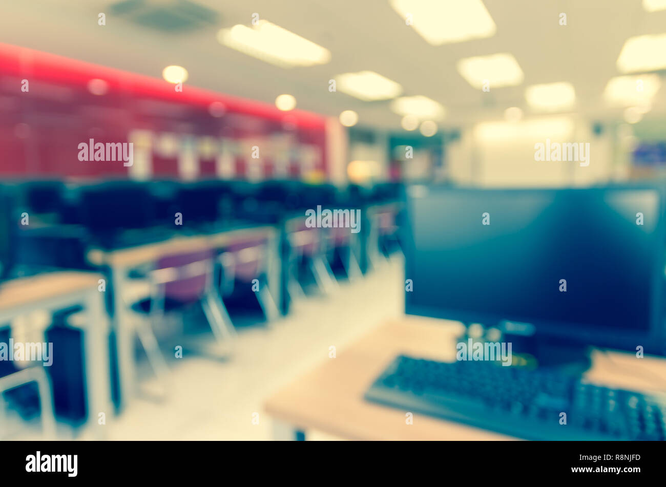 Abstract blurred photo of empty server room, education and business ...