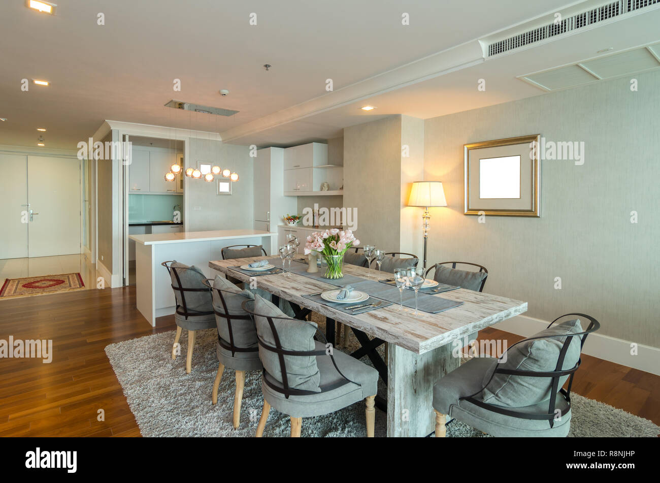 BANGKOK, THAILAND - APRIL 25 : Luxury Interior living room with kitchen ...