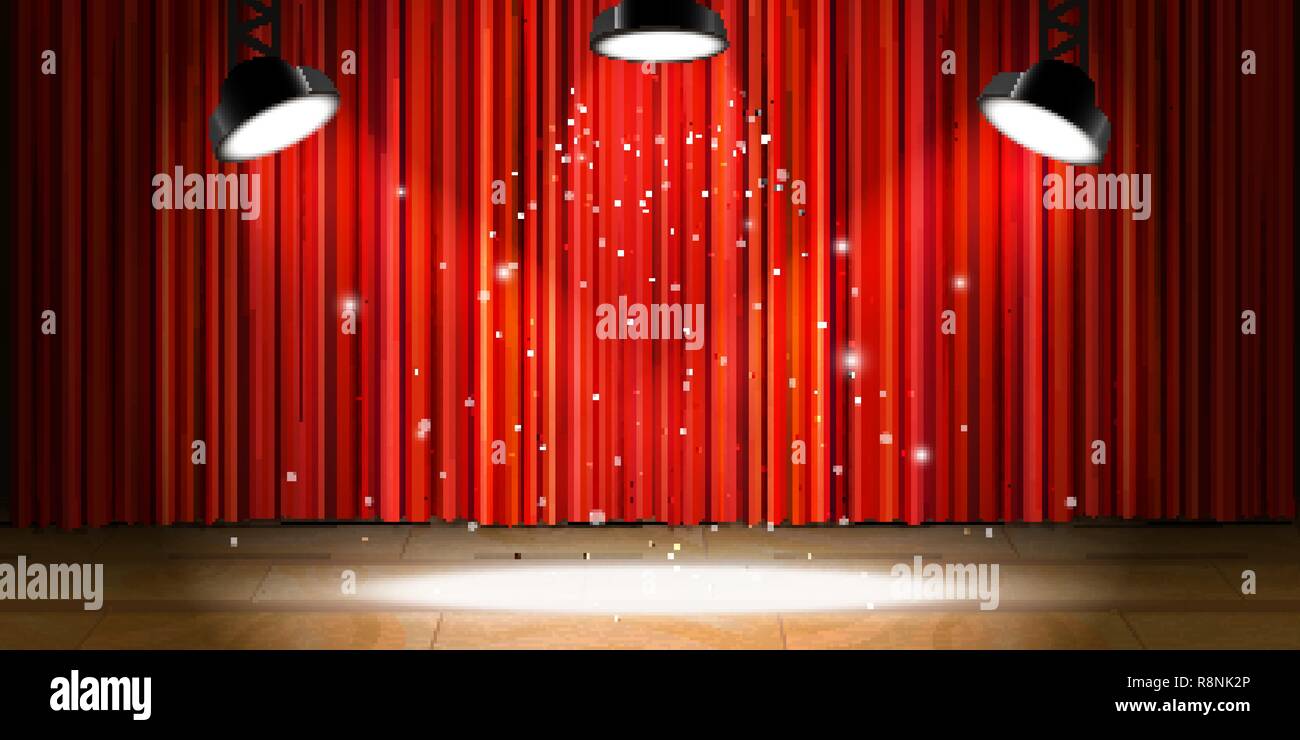 Bright empty beige wooden stage with red curtain drape and bright light ...