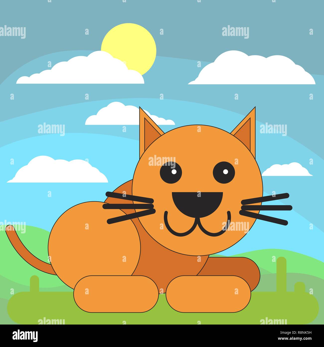 Cat in cartoon flat style on the background of meadows, sun and clouds ...