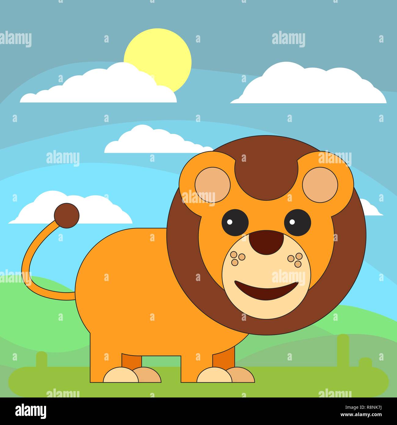 Lion in cartoon flat style on the background of meadows, sun and clouds ...