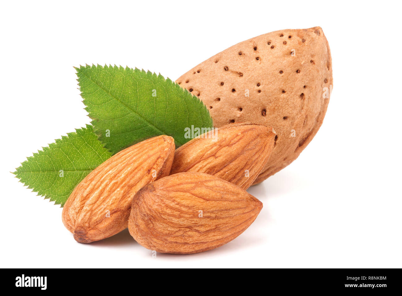 almonds in their skins and peeled with leaf isolated on white ...