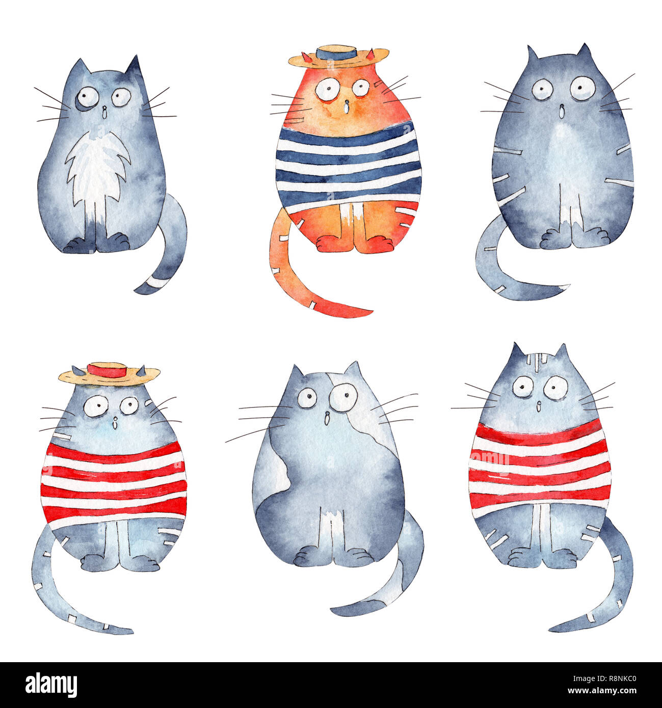 Set of colorful watercolor cute cats illustrations isolated on white ...