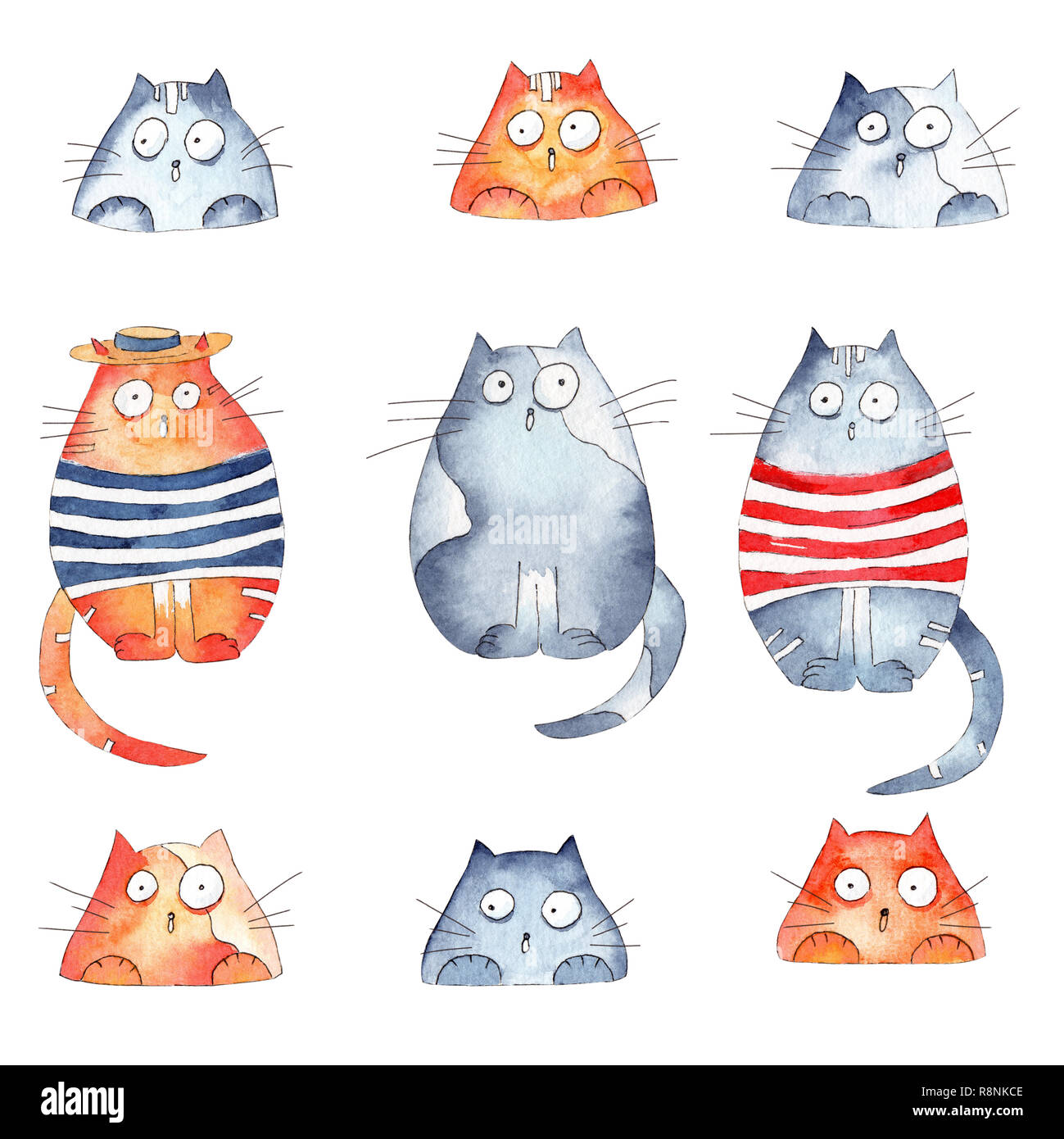 Set of colorful watercolor cute cats illustrations isolated on white ...