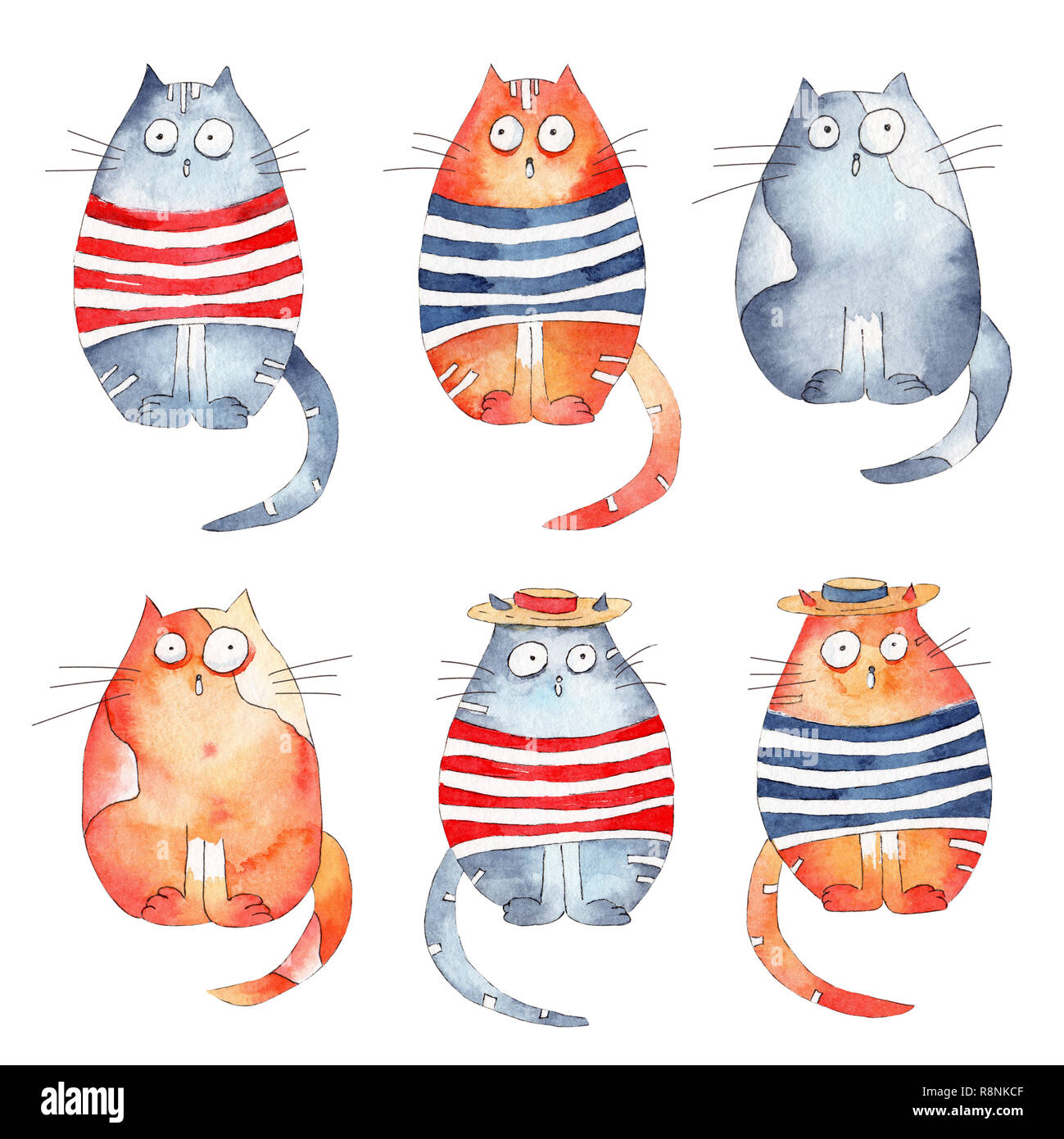 Set of colorful watercolor cute cats illustrations isolated on white ...