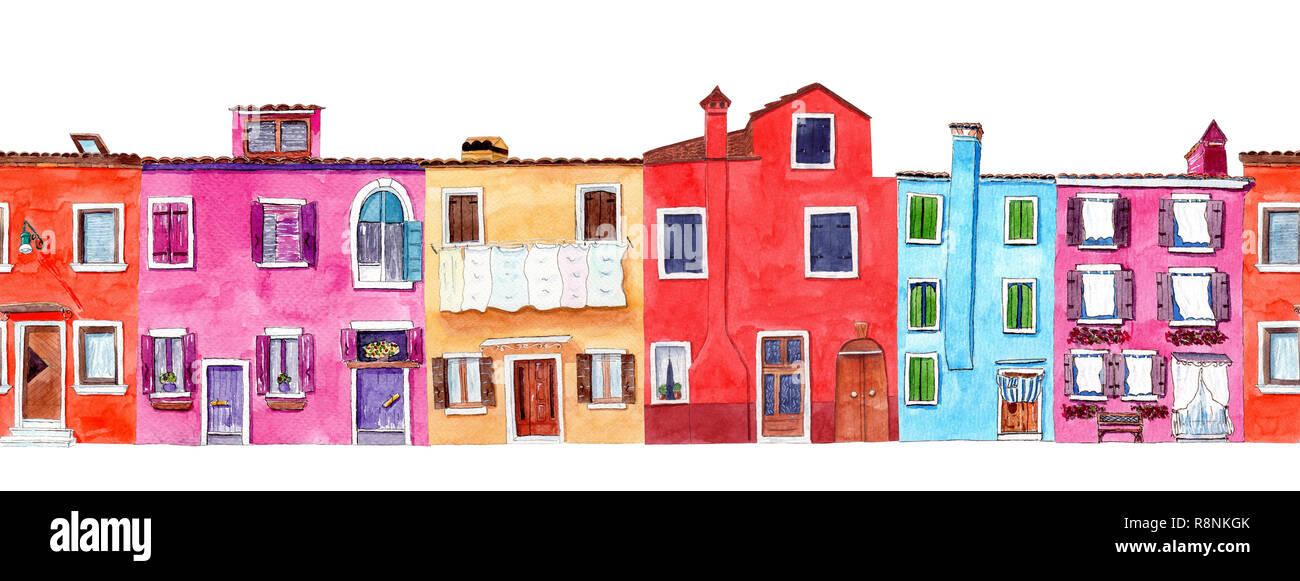 Seamless border with bright hand painted watercolor cute houses. Lovely ...