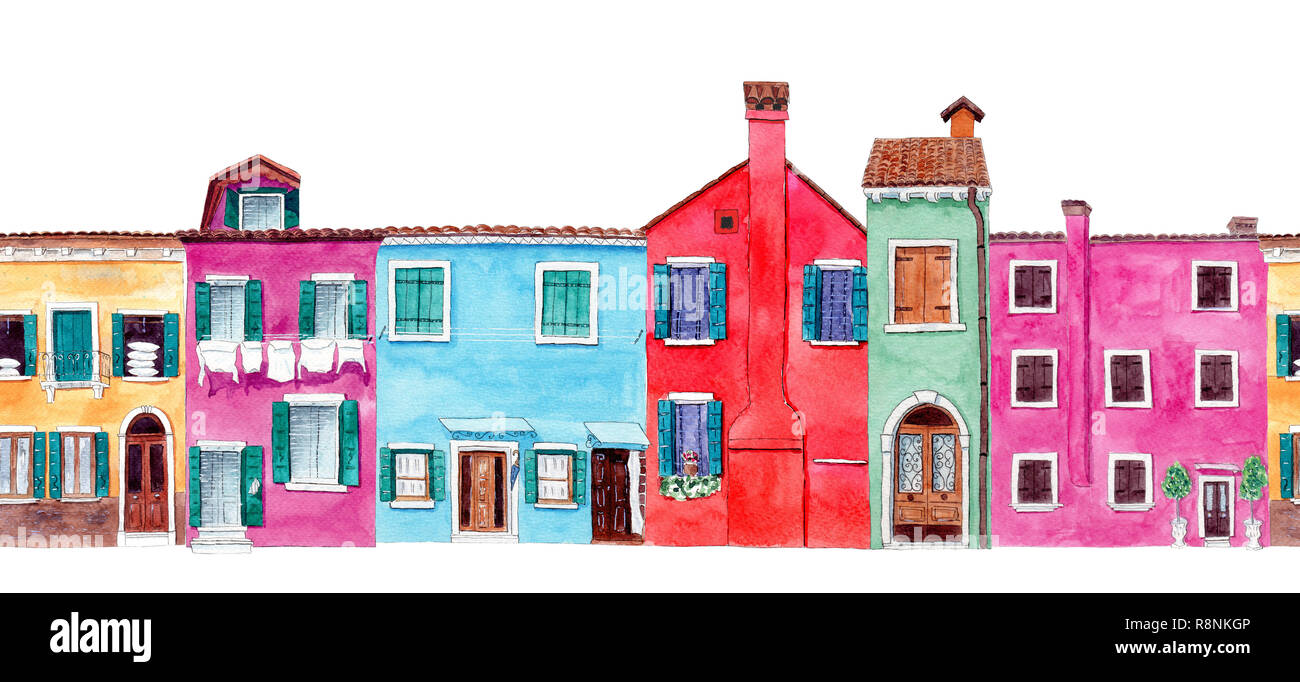 Seamless border with bright hand painted watercolor cute houses. Lovely ...