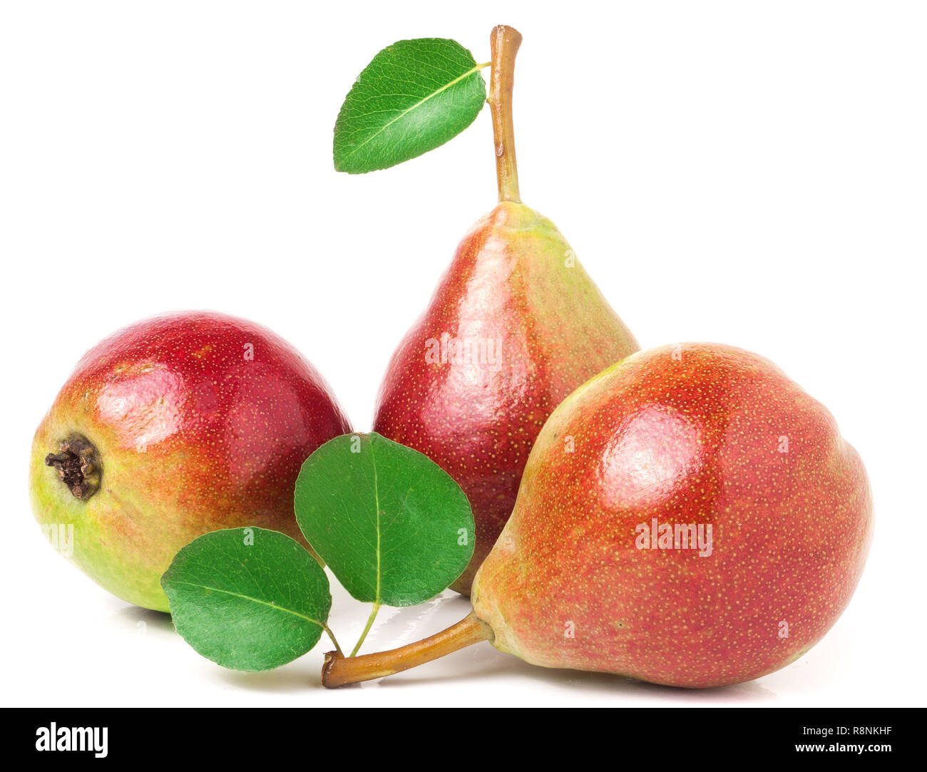Three red pears with leaves isolated on white background Stock Photo ...