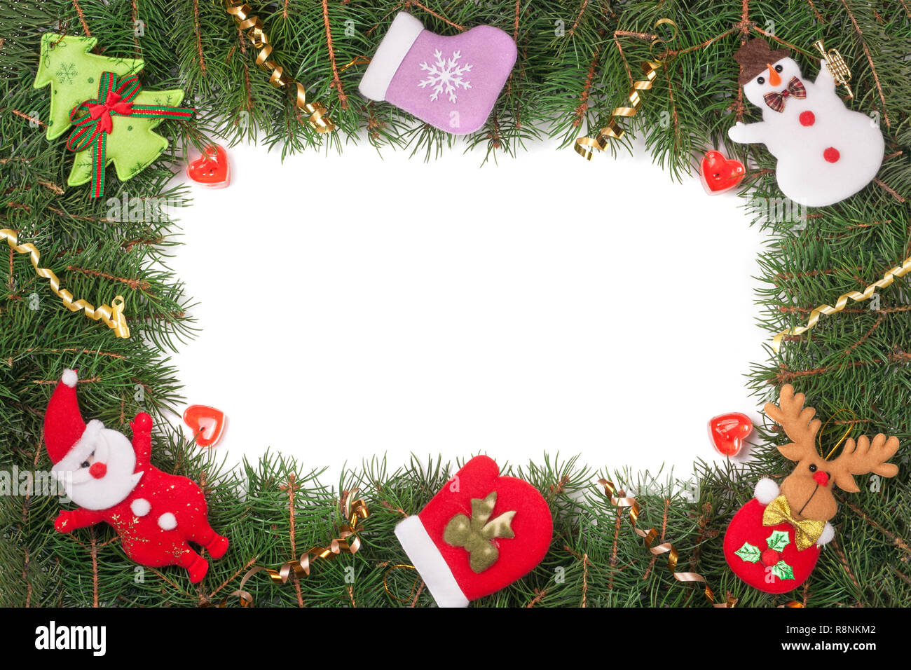 Christmas frame made of fir branches decorated with Snowman and Santa ...