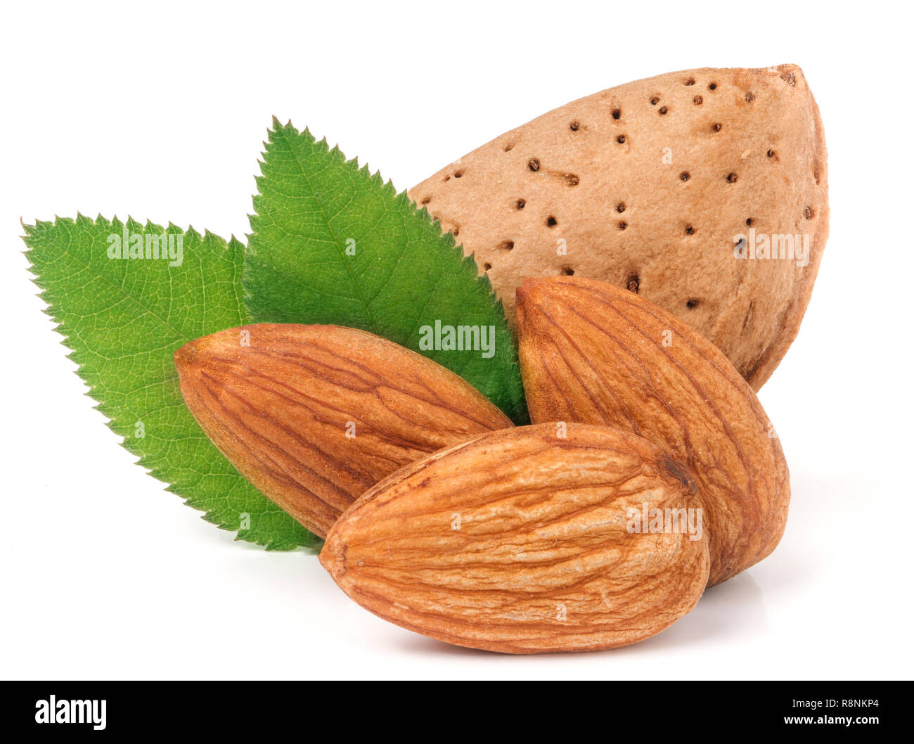 almonds in their skins and peeled with leaf isolated on white ...