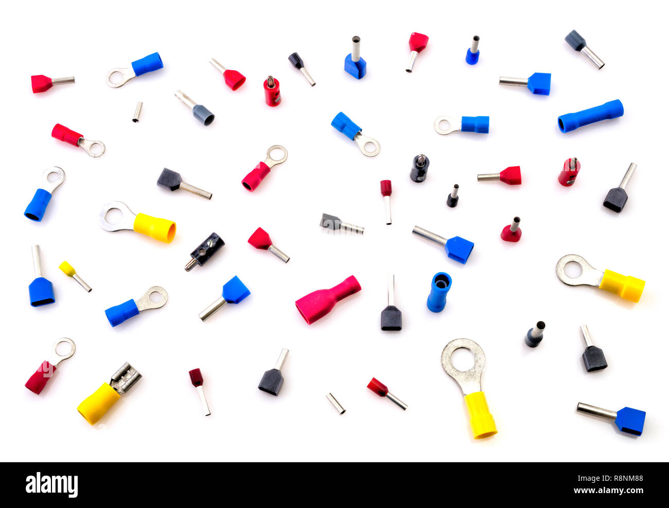 Pile of electrical connectors isolated on white background closeup ...