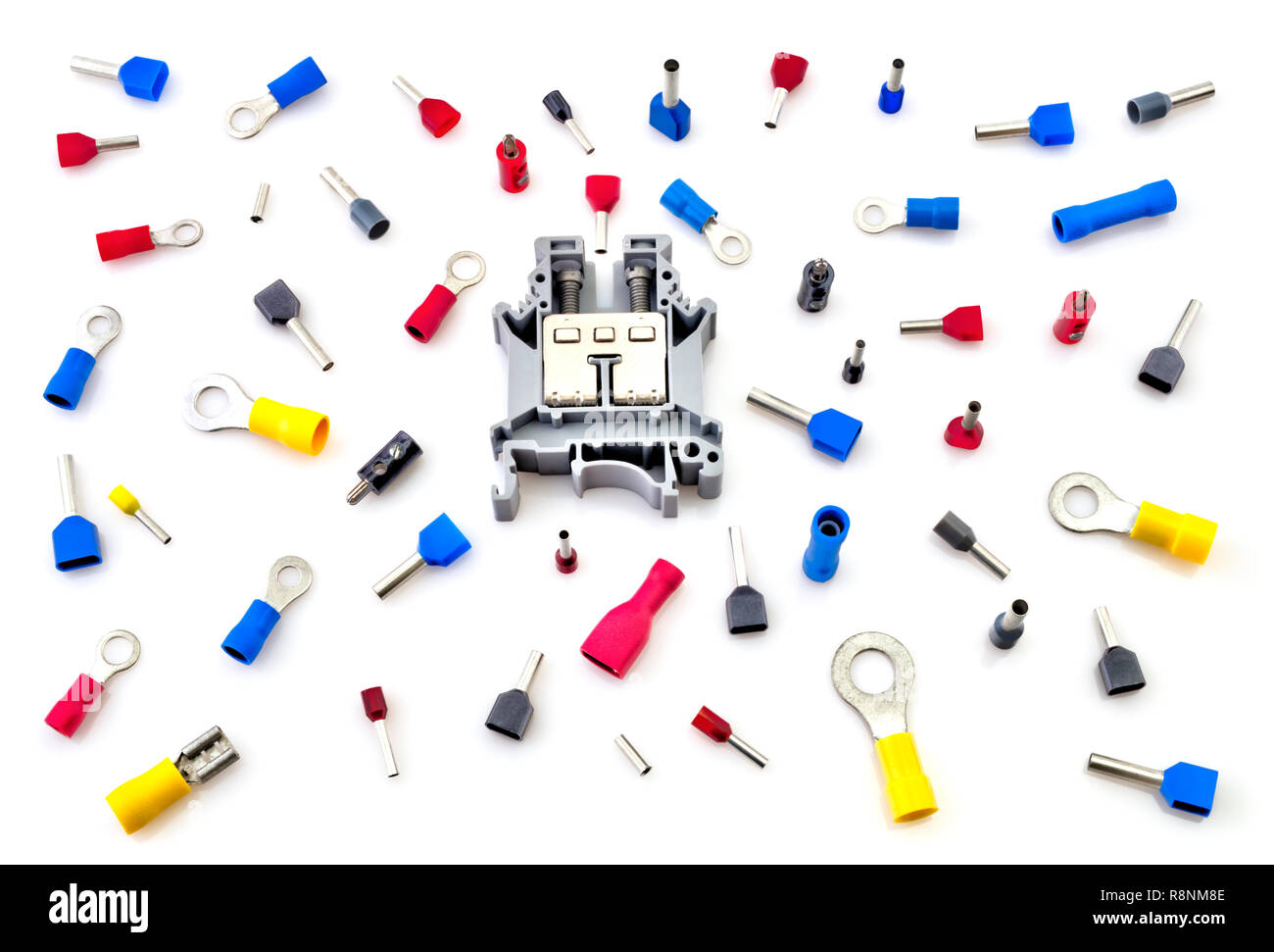 Pile of electrical connectors isolated on white background closeup ...