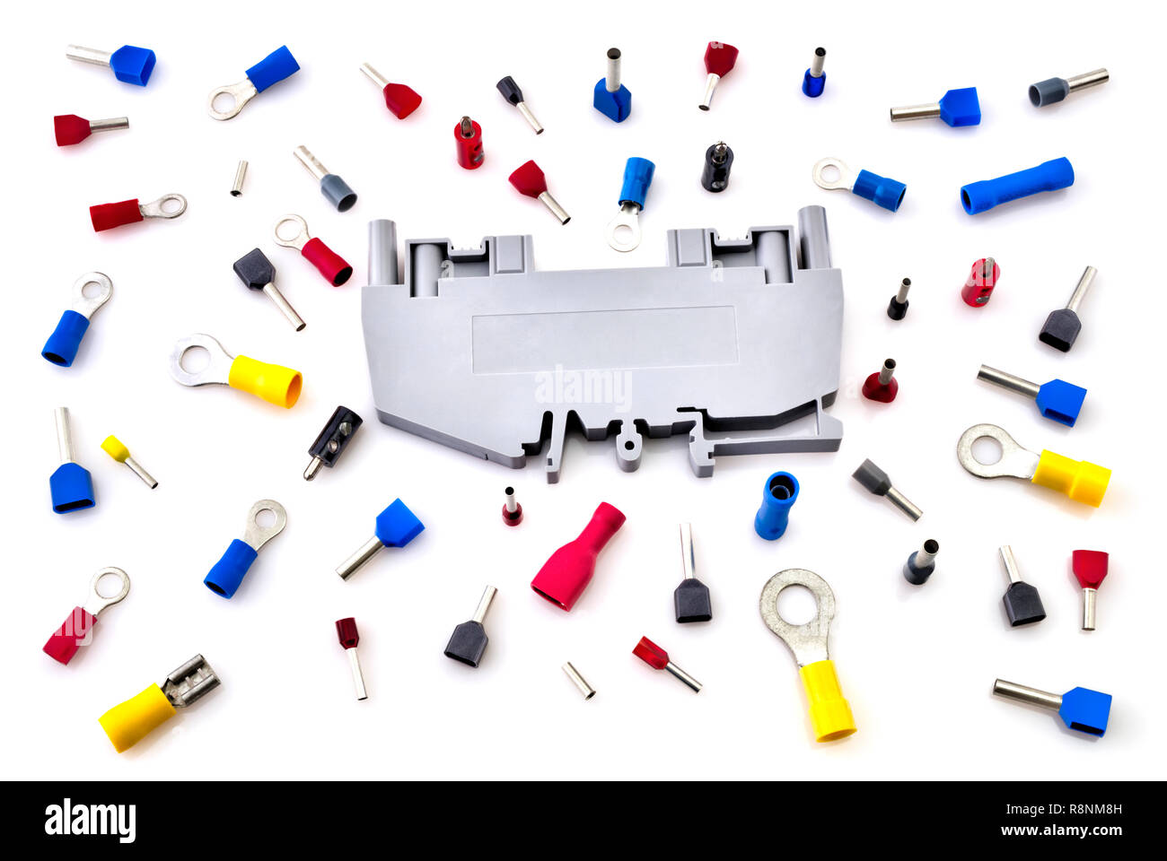 Pile of electrical connectors isolated on white background closeup ...