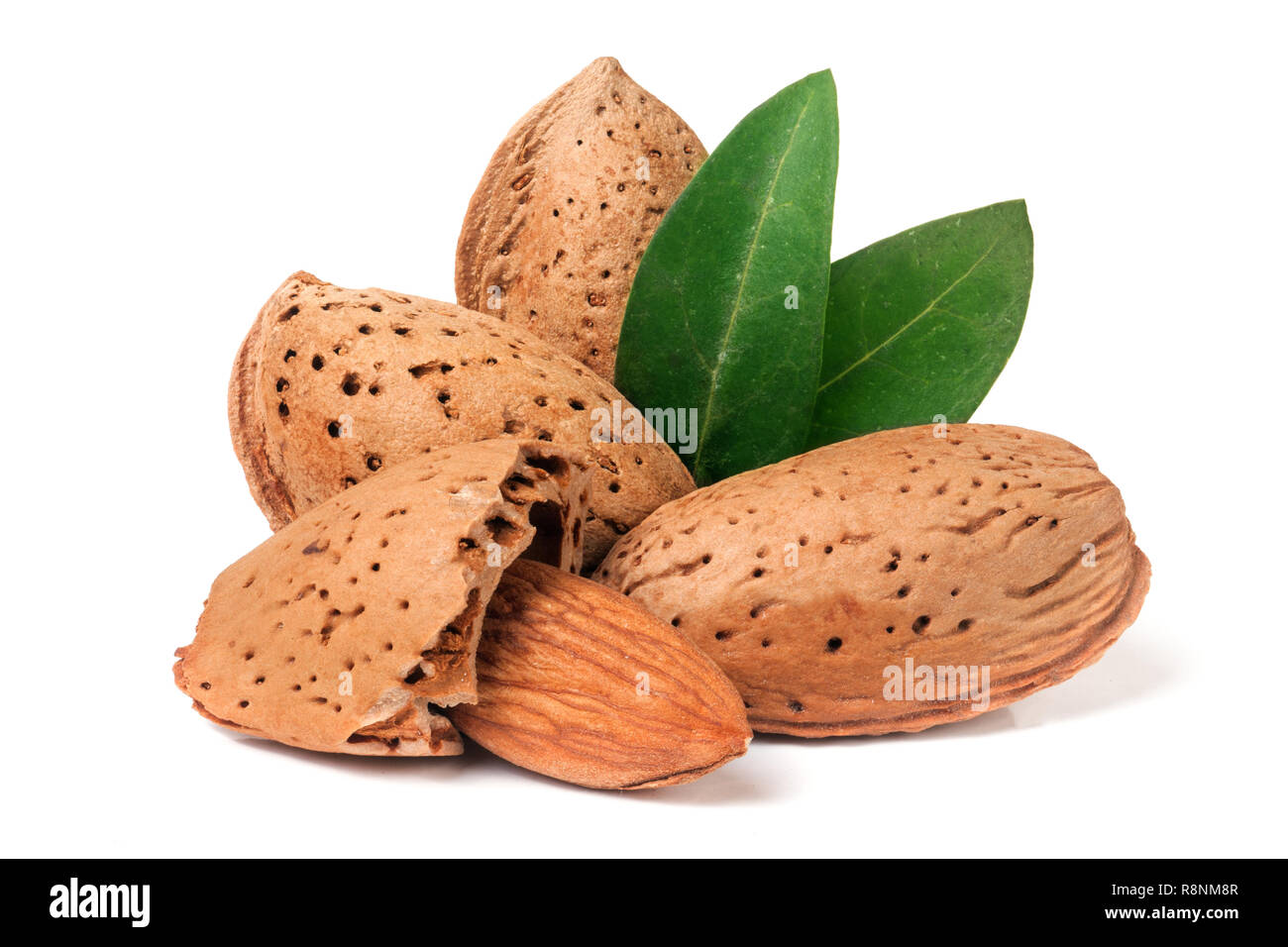 almonds in their skins and peeled with leaf isolated on white ...