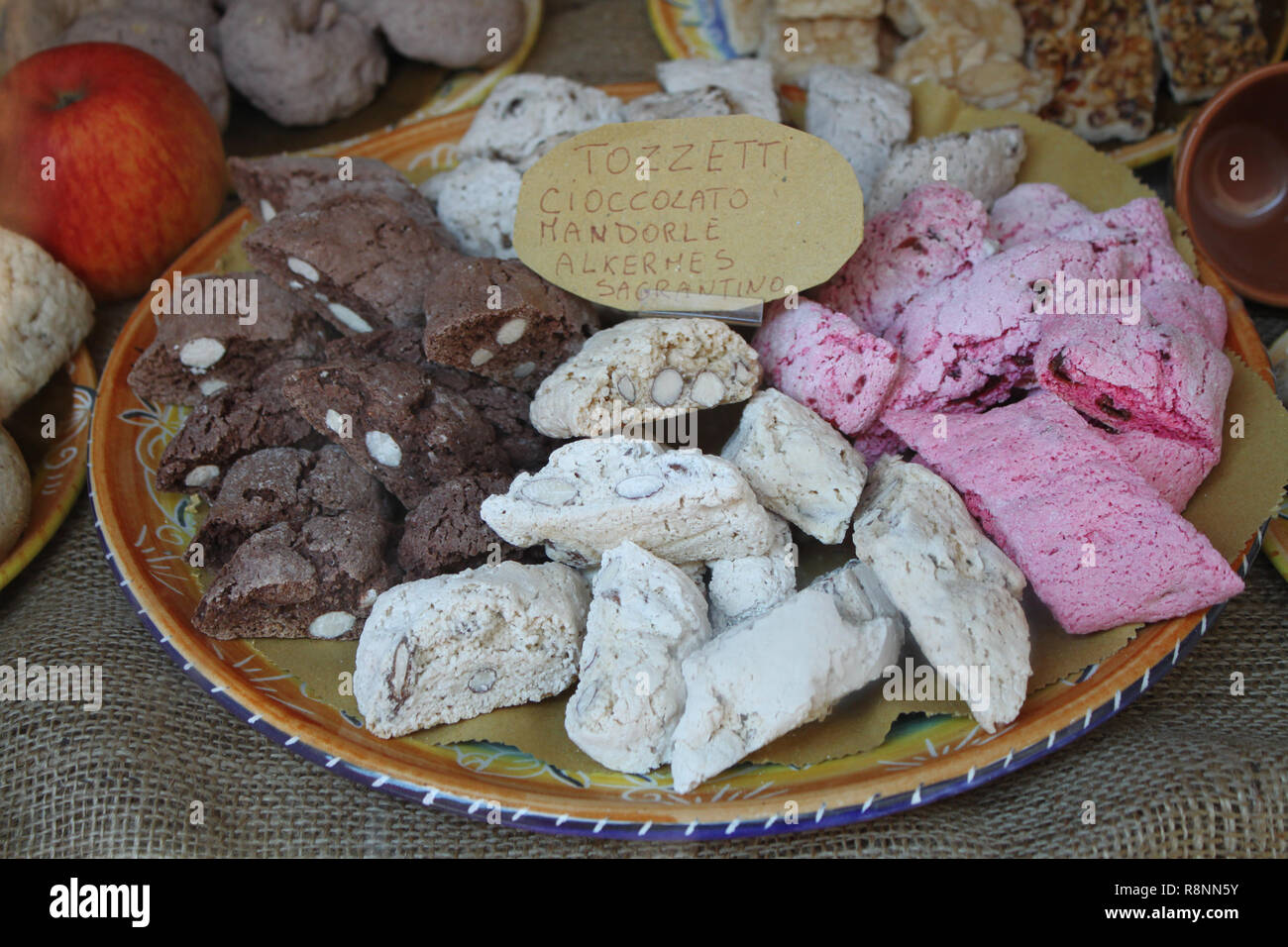 Italian traditional Tozzetti biscuits displayed in a bakery. The ...