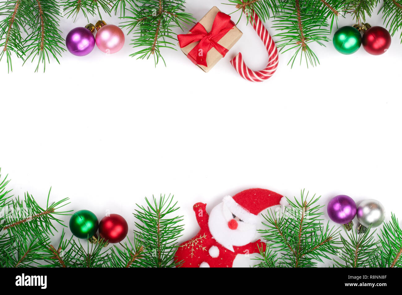 Christmas frame decorated with balls isolated on white background with ...